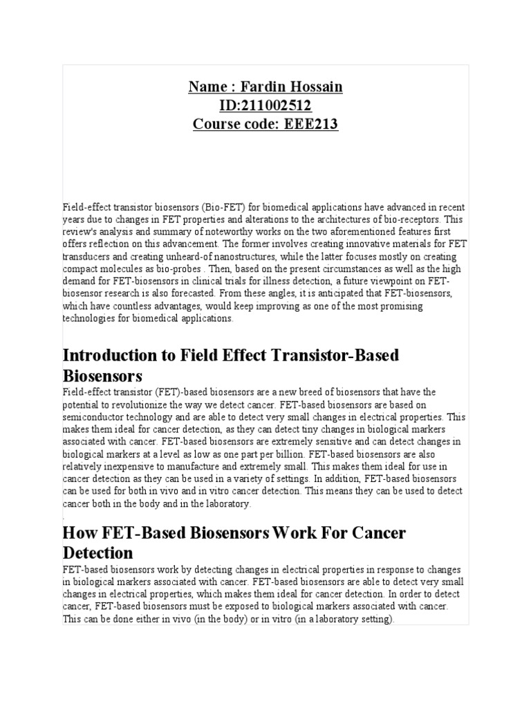 Field Effect Transistor-Based Biosensors For Cancer Detection. | PDF | Biosensor | Physical Sciences
