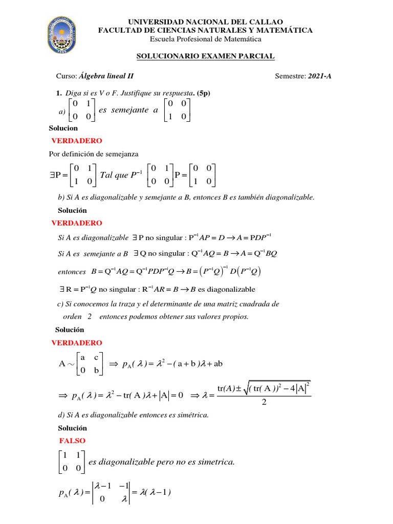 Solucionario Parcial de Algebra Lineal Ii | PDF | Valores propios y vectores propios | Álgebra ...