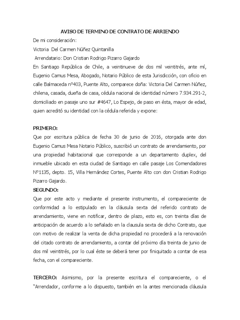 Modelo de Aviso Termino de Contrato de Arriendo | PDF