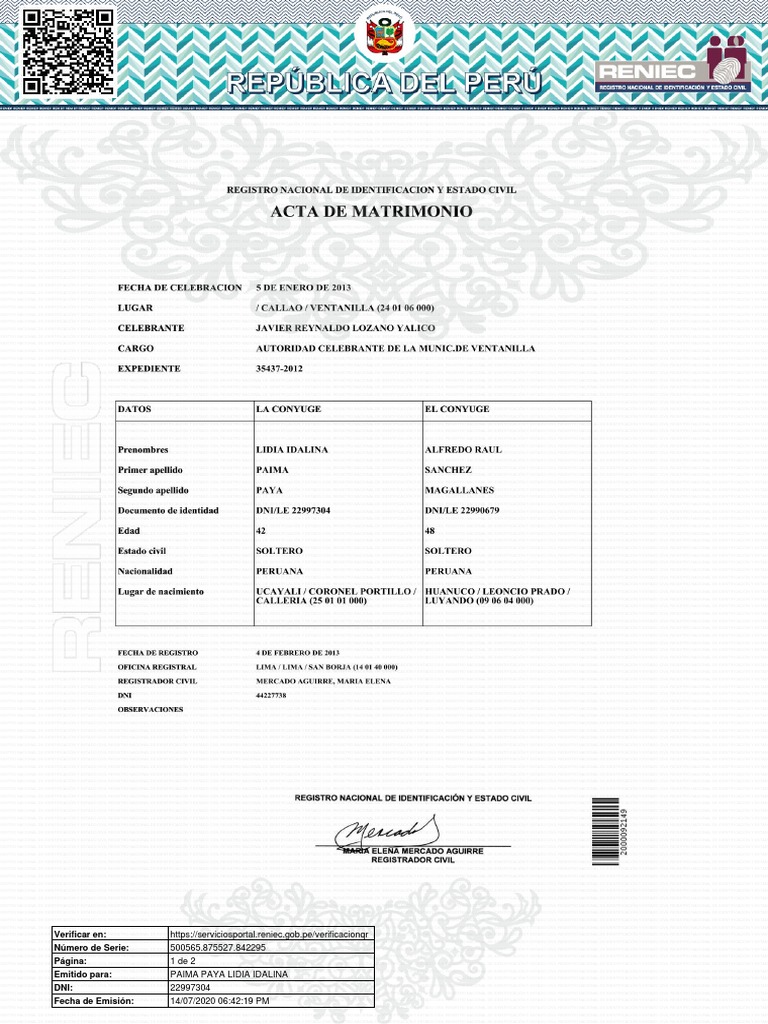 Acta Matrimonio 2000092149 | PDF | Gobierno y personalidad | Perú
