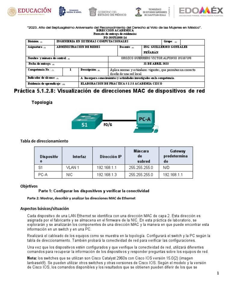 5.1.2.8 Lab - Viewing Network Device MAC Addresses | PDF | Dirección IP | Conmutador de red