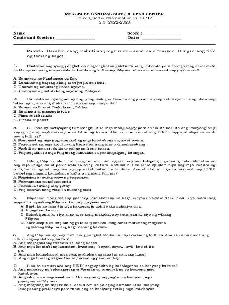 Esp 3RD Quarter Test | PDF Esp 3RD Quarter Test | PDF