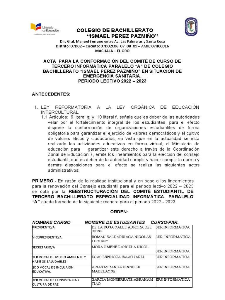 ACTA ESCOLAR 3RO INF A 2022-2023 | PDF | Gobierno