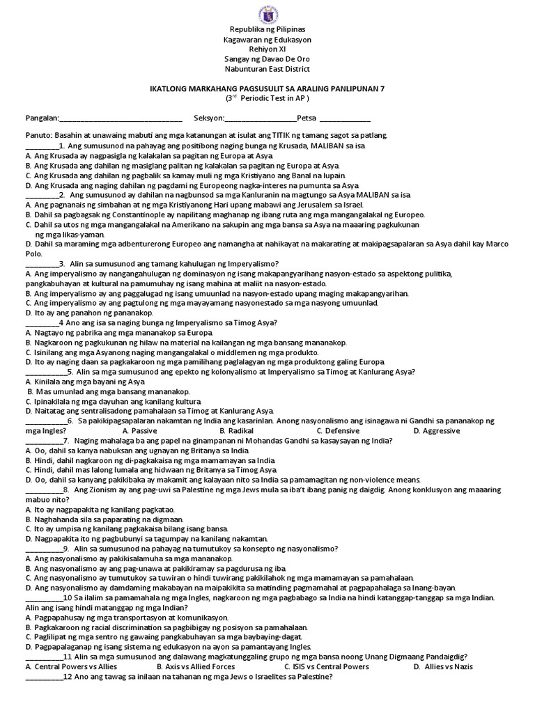Ikatatlong Markahang Pagsusulit Sa AP 7 SY2022 2023 | PDF