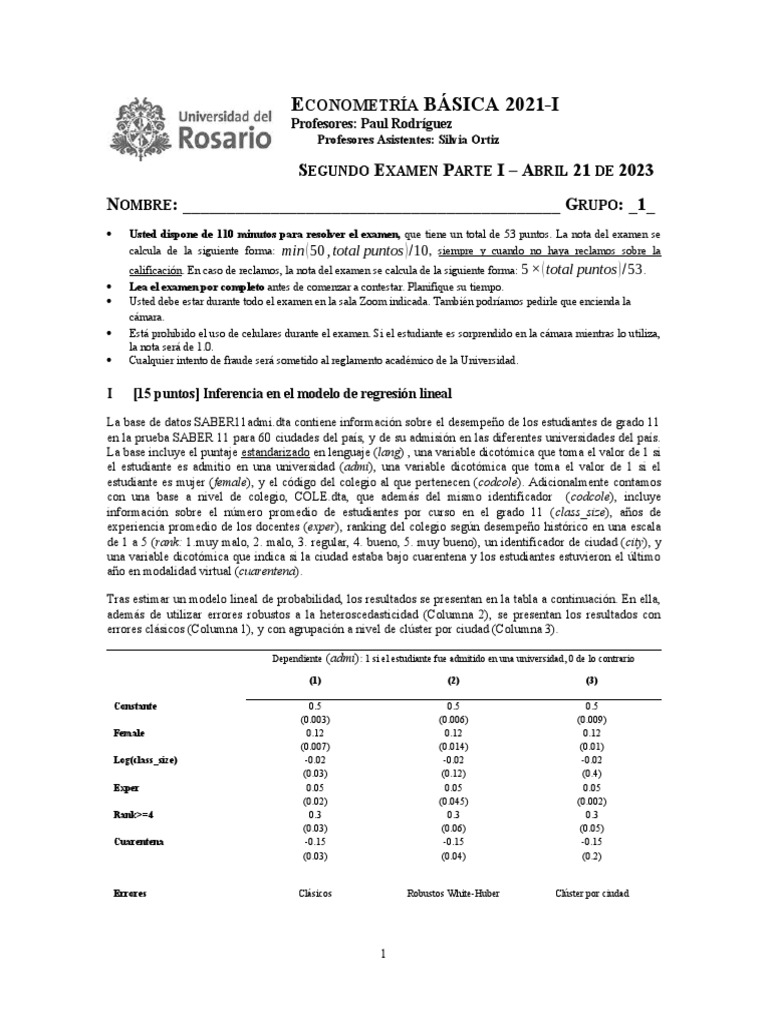 Econometria Basica Examen 2-2023-I Parte 1 | PDF | Metodología | Matemáticas Aplicadas