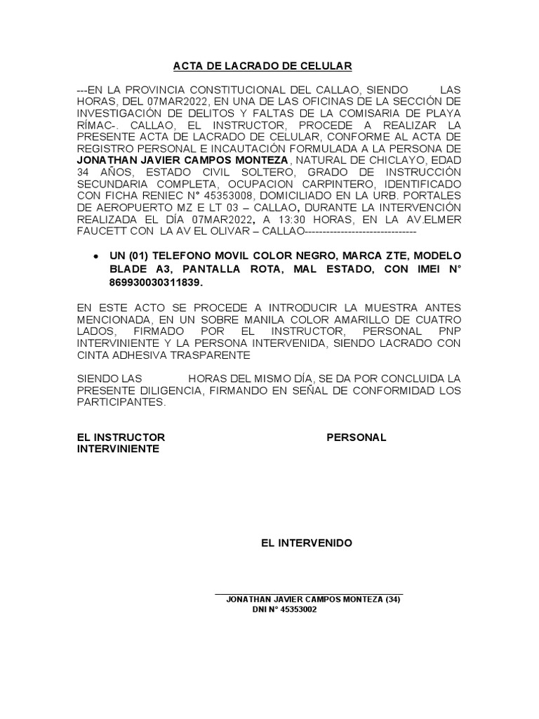 Acta de Lacrado de Celular | PDF