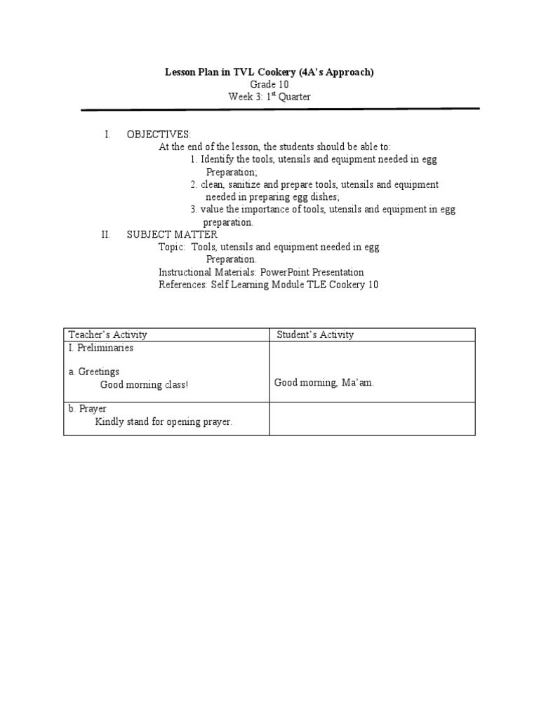 Grade 11 TVL Cookery Lesson Plan | PDF | Cooking | Home