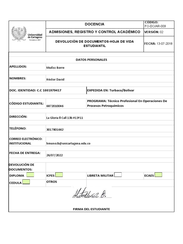 Anexo 1 Admisiones Dev. de Documentos | PDF