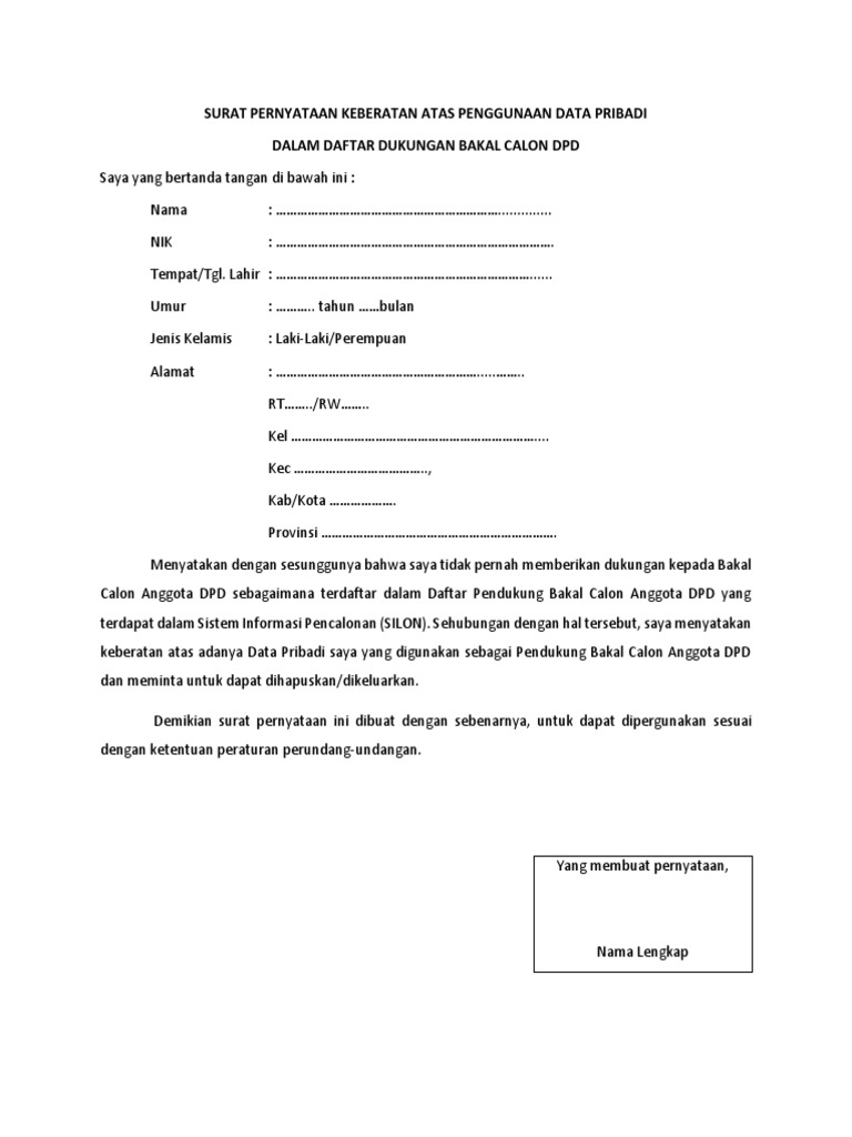 SURAT-PERNYATAAN-KEBERATAN-ATAS-PENGGUNAAN-DATA-PRIBADI | PDF