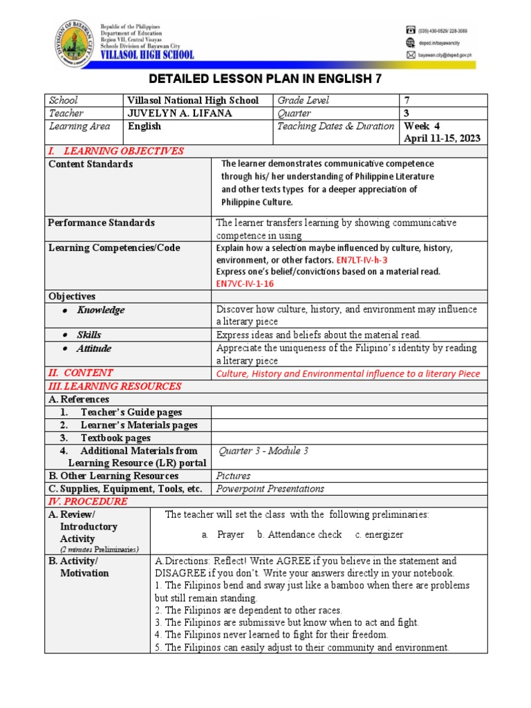 English 7 DLP-Q3-M3 | PDF | Learning | Teachers
