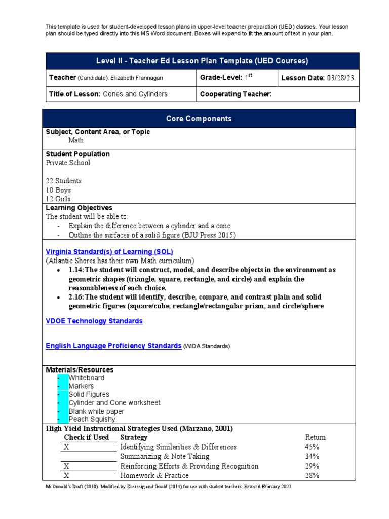 Lesson Plan Geometry Cylinders and Cones | PDF | Lesson Plan | Shape