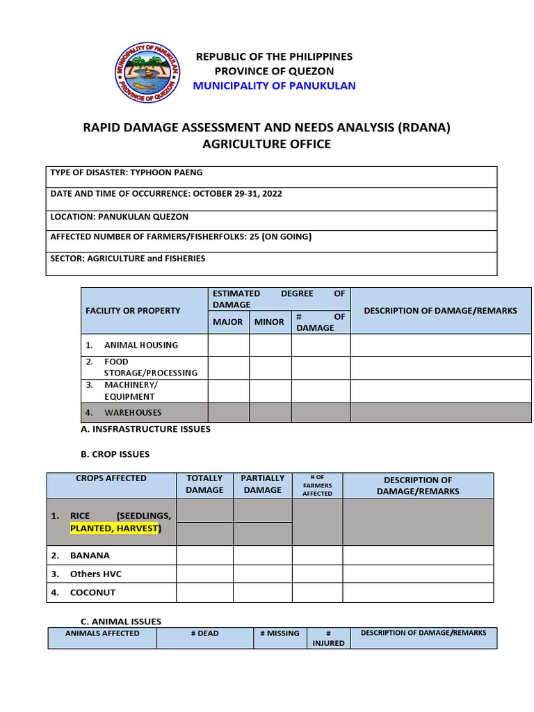 Rapid Damage Assessment and Needs Analysis (Rdana) Agriculture Office ...