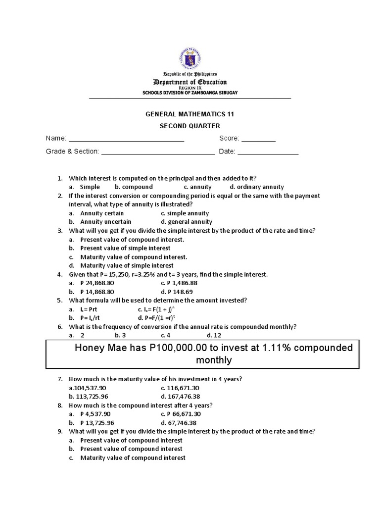 GENERAL MATHEMATICS 11 2nd Quarter Exam | PDF | Compound Interest ...
