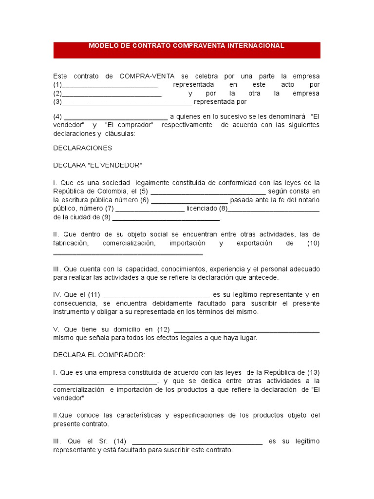 Modelo De Contrato De Compraventa Internacional De Mercader As E