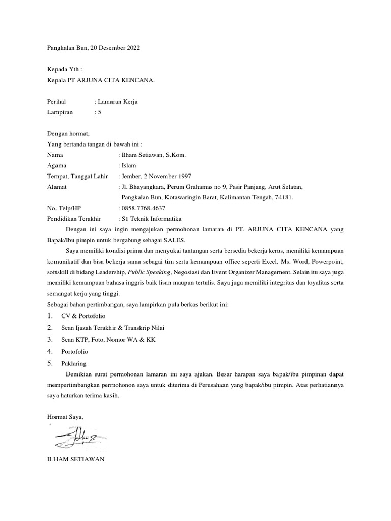 Lamaran Kerja - Ilham Setiawan | PDF