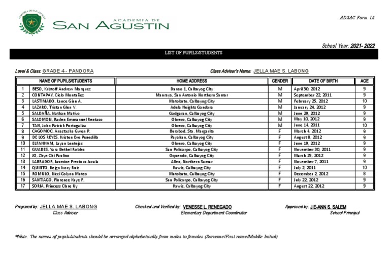 ADSAC Form 1A: Grade 4 Student List | PDF