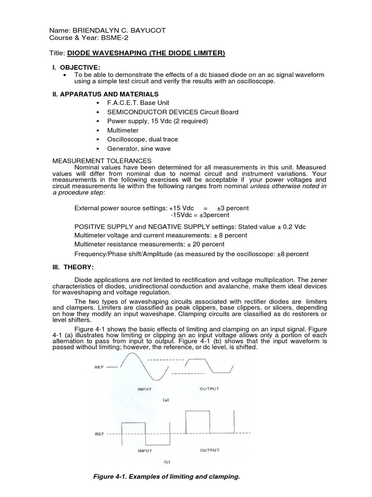Name: Briendalyn C. Bayucot Course & Year: BSME-2 Title: Diode Waveshaping (The Diode Limiter ...
