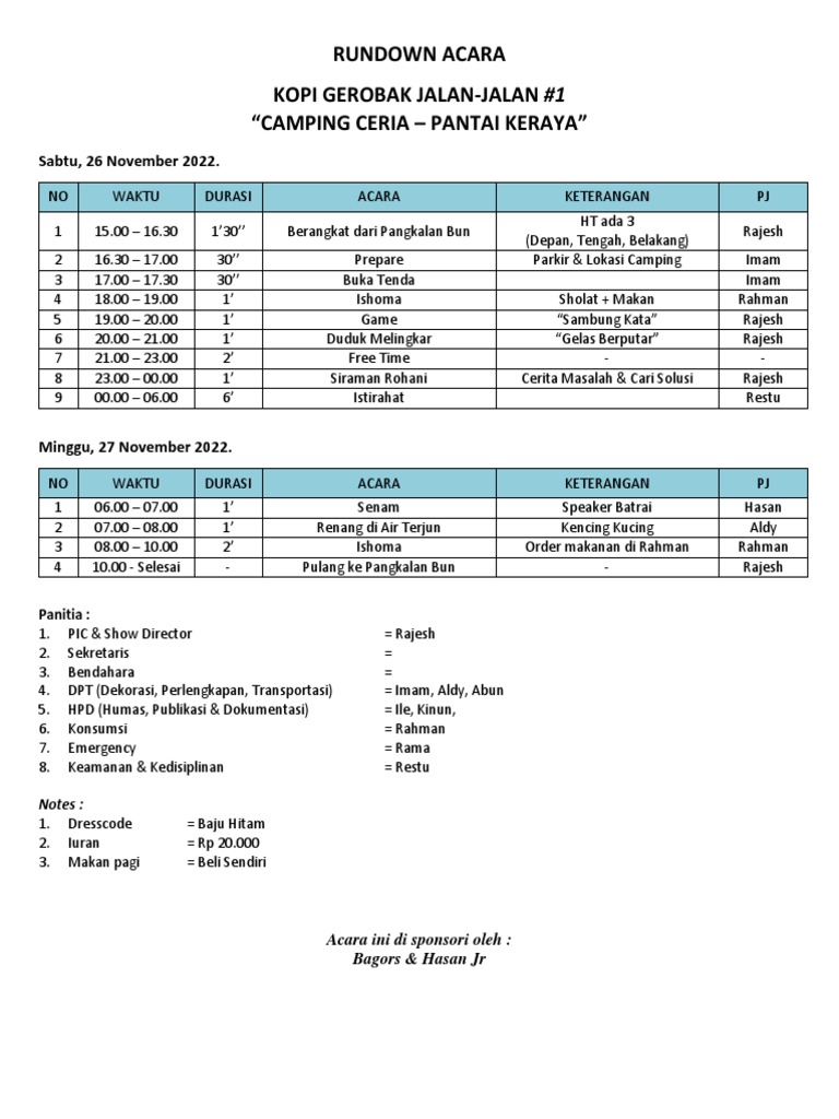 RUNDOWN ACARA - Kopi Gerobak #1 | PDF