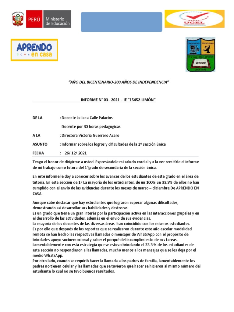 INFORME DE TUTORIA 2021 Noviembre. | PDF