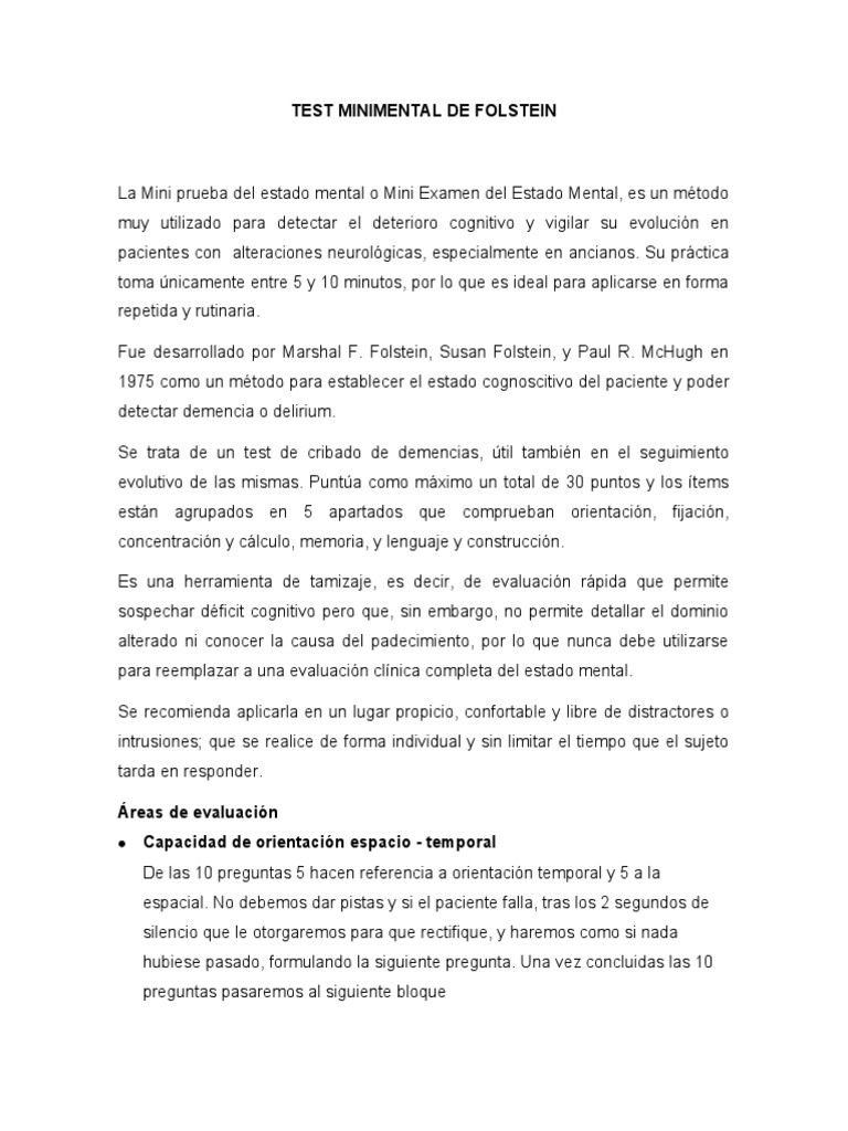 Mini Mental de Folstein: Evaluación Cognitiva | PDF | Infancia ...