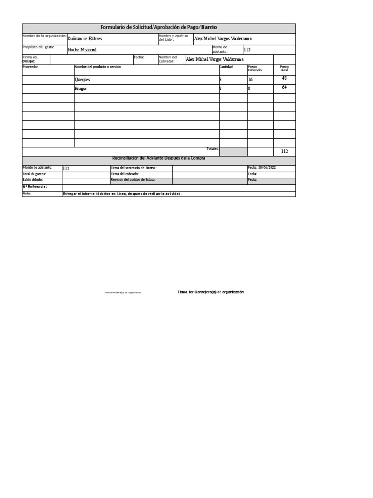 Formulario de Solicitud/Aprobación de Pago/ Barrio | PDF