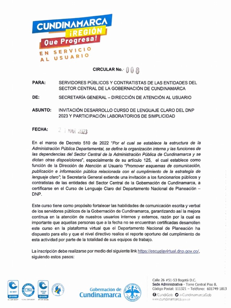Circular No. 008 Invitación Desarrollo Curso de Lenguaje Claro Del DNP 2023 y Participación ...