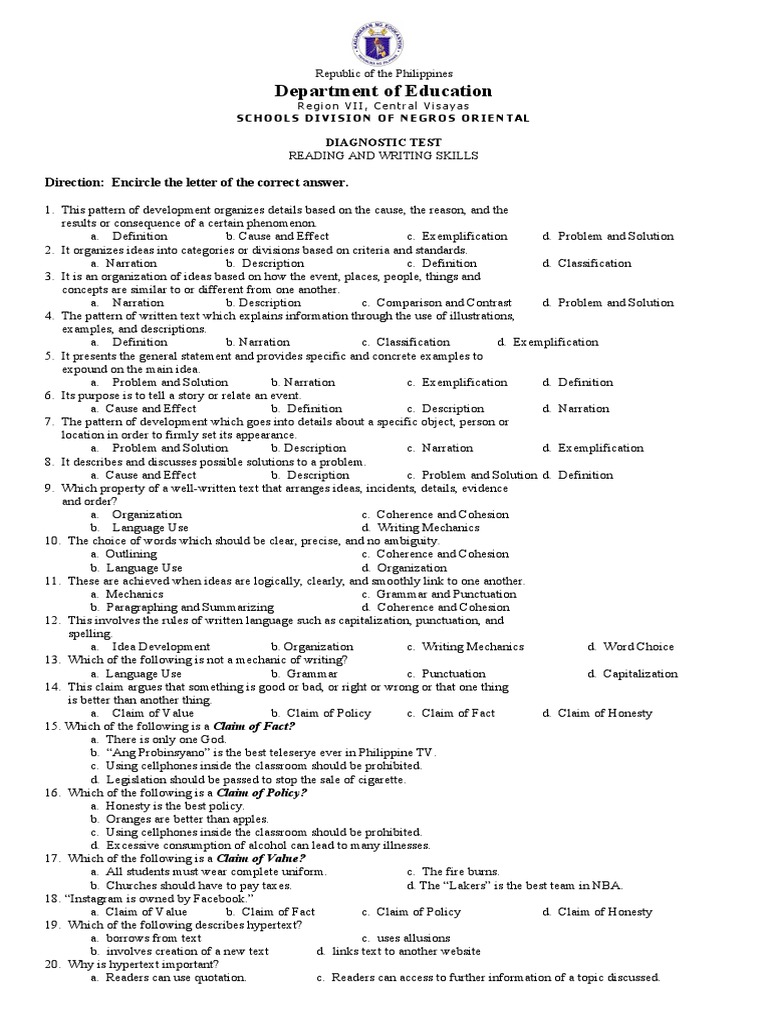 Diagnostic Test - Reading and Writing Skills - With Answer Key | PDF ...