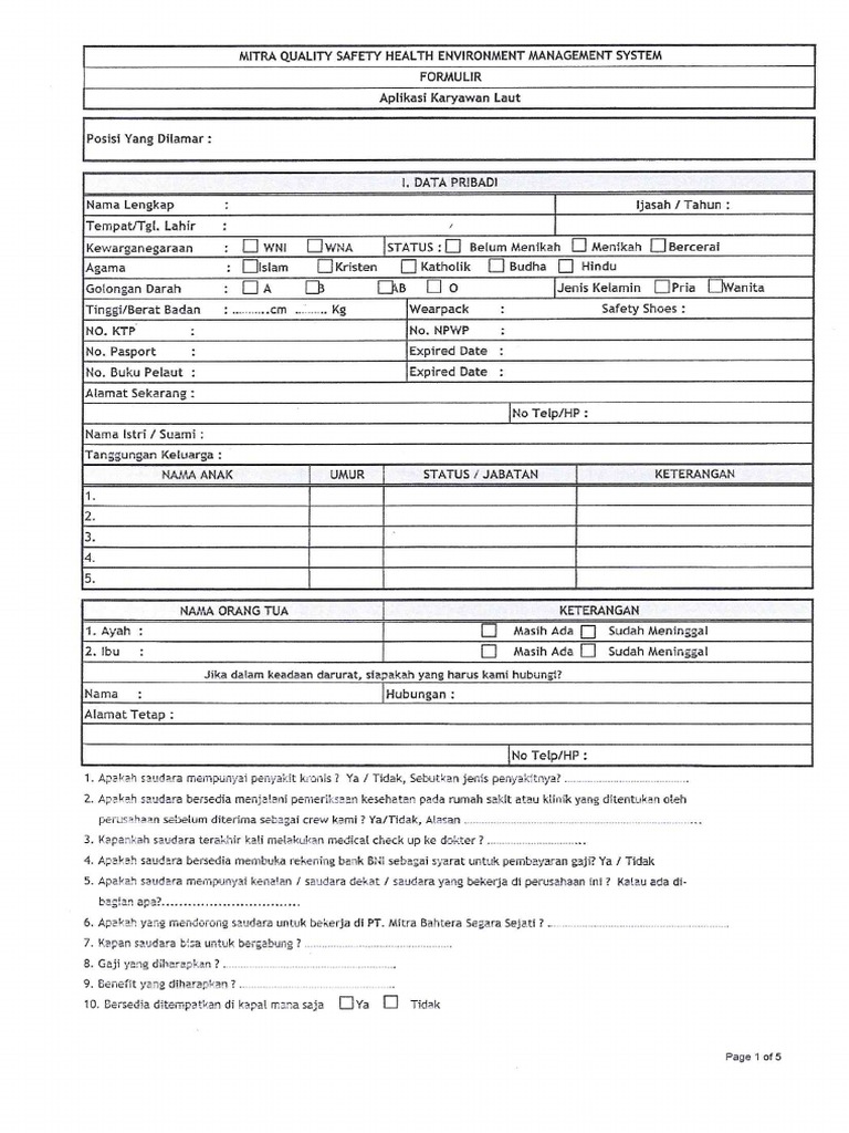 Form Aplikasi Calon Karyawan Laut Pt. MBSS TBK | PDF
