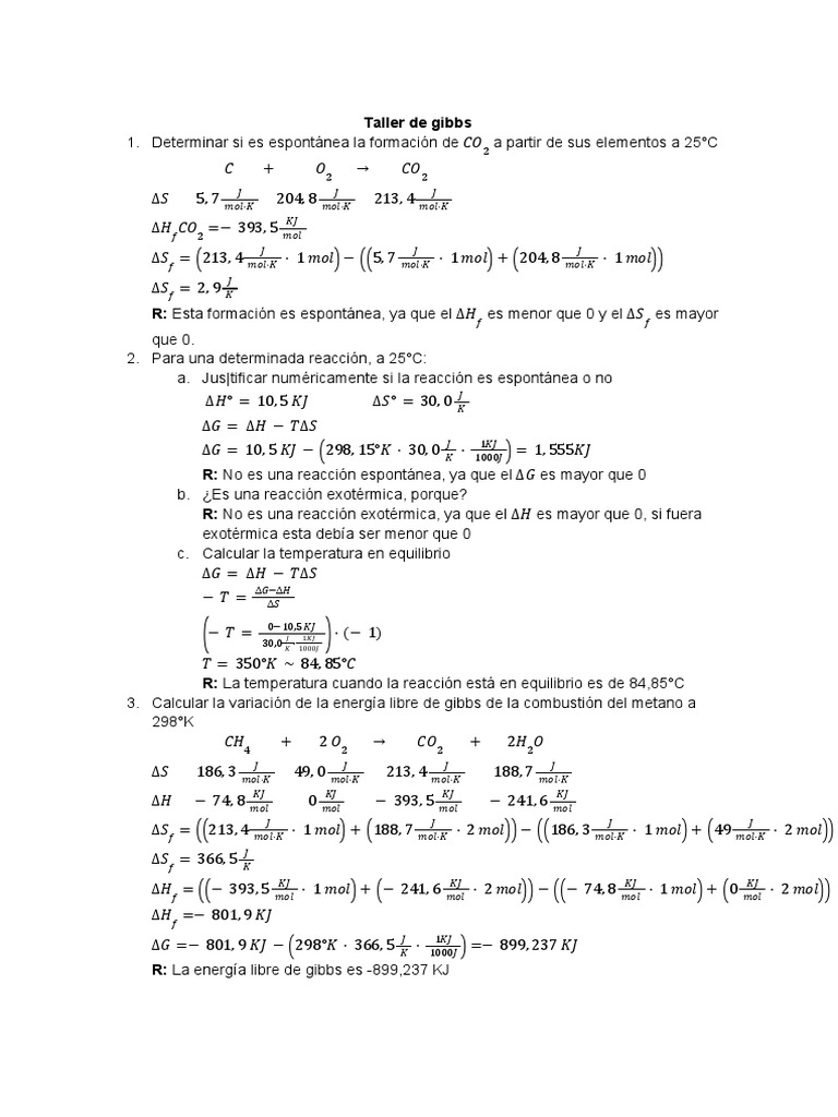 Taller de Gibbs | PDF | Energía libre de Gibbs | Termodinámica