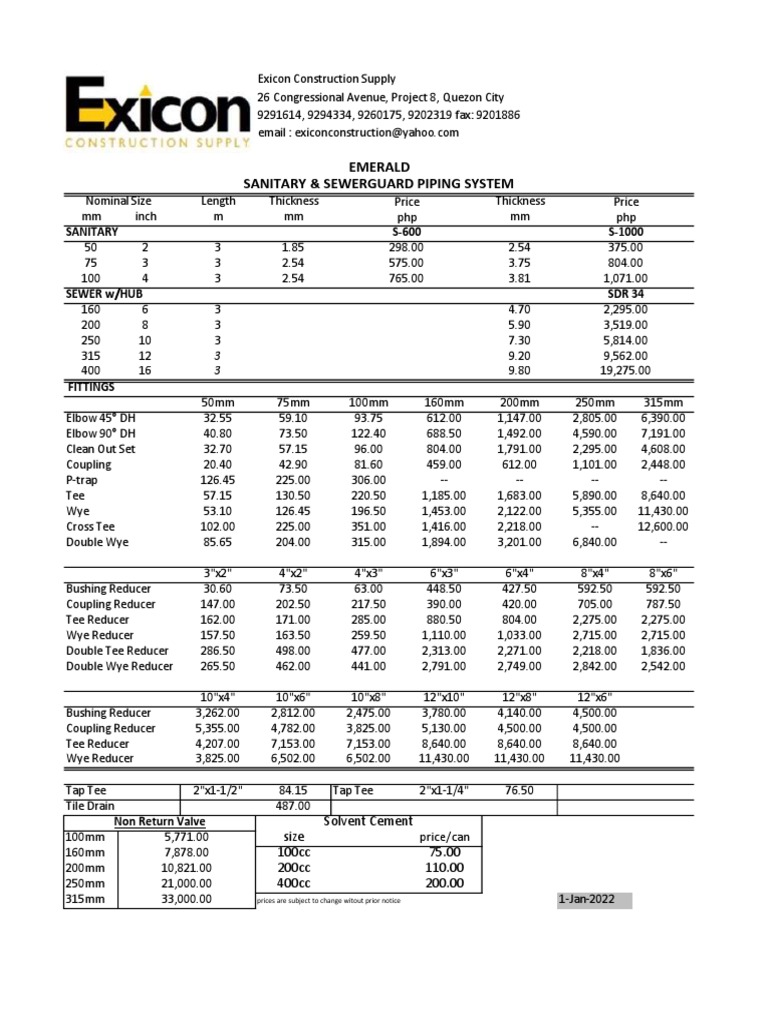 Emerald Pricelist Sanitary and Electrical | PDF | Chemical Engineering | Equipment