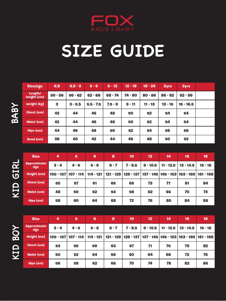 FOX Size Chart-2019 | Descargar gratis PDF | Clothing | Softlines (Retail)
