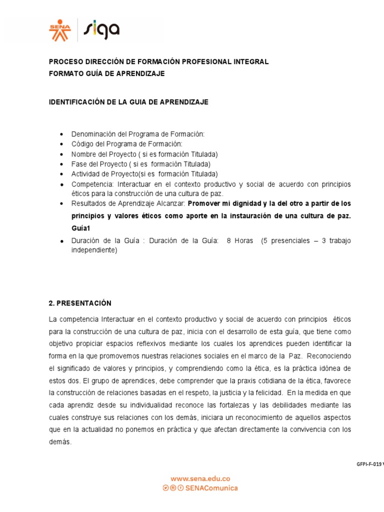 GUIA 1 Cultura de Paz Promover Mi Dignidad | PDF