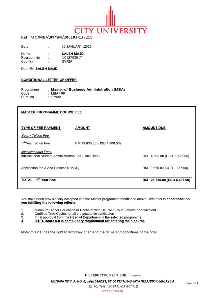 CityU MBA Conditional Offer Letter | PDF | Payments | Service Industries