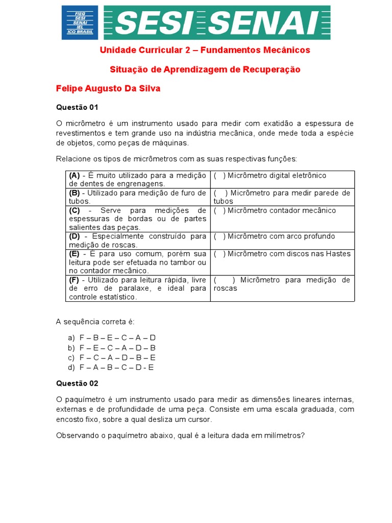 Questionario Folha Respostas Recuperação | PDF | Medição | Parafuso