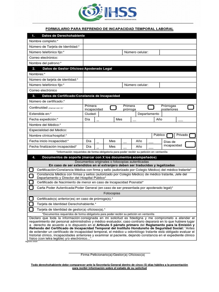 FORMULARIO SOLICITUD DE REFRENDO DE INCAPACIDAD Formato Modificado 24 Agosto 2020 2 | PDF