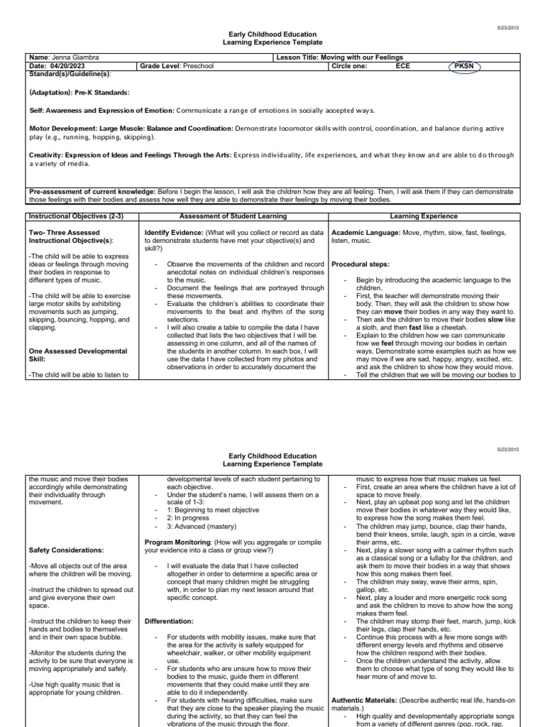 edt 317 dance-movement lesson plan adapted to preschool | PDF ...