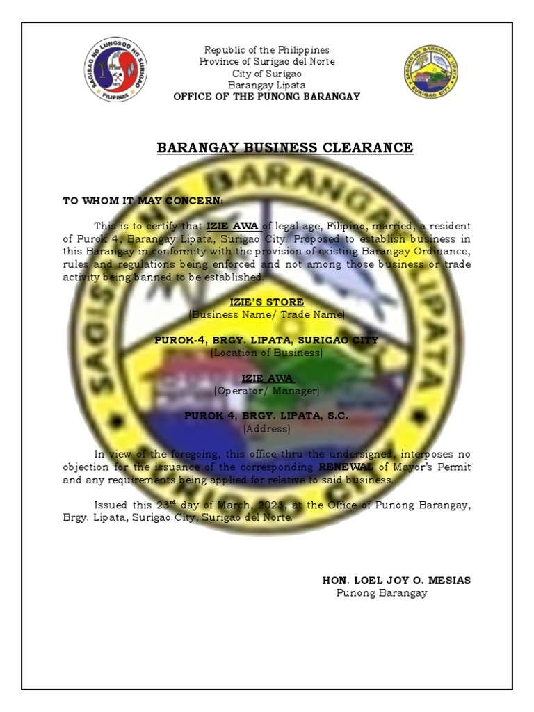 Barangay Business Clearance Notice | PDF