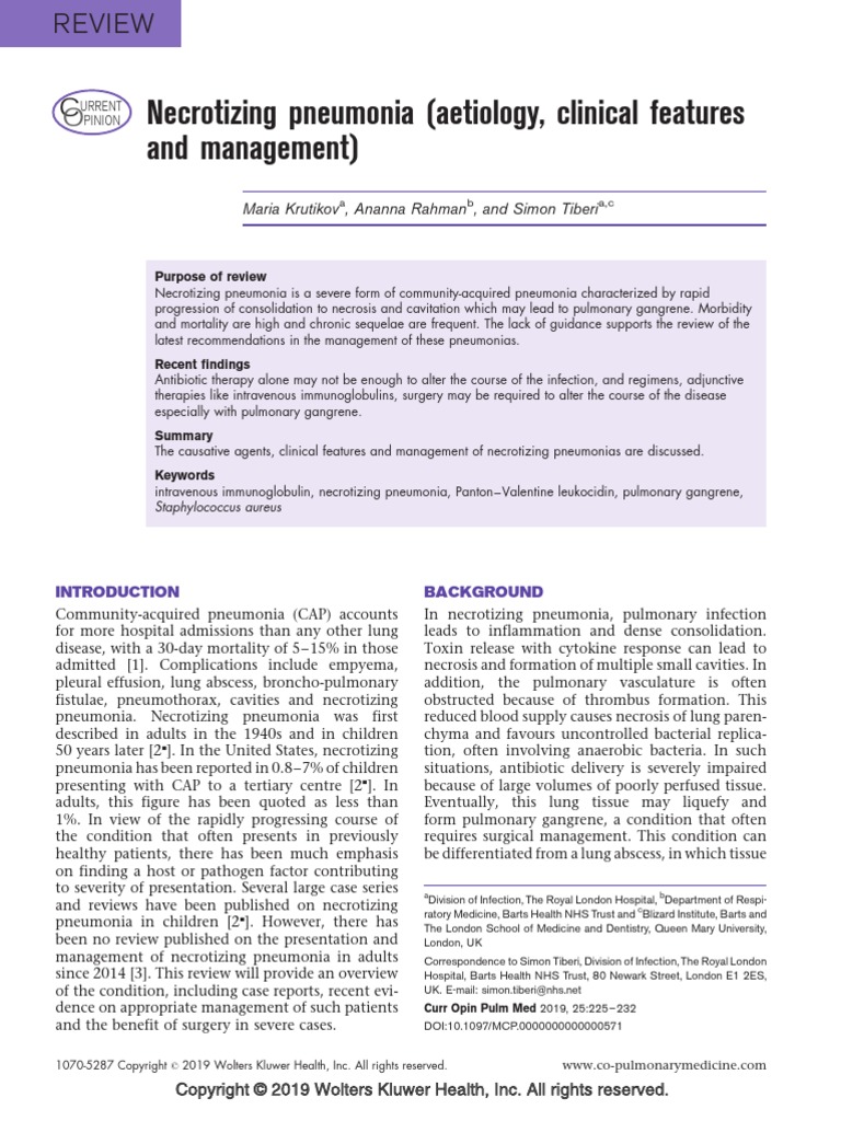 Necrotizing Pneumonia (Aetiology, Clinical Features and Management) | PDF | Pneumonia | Medical ...