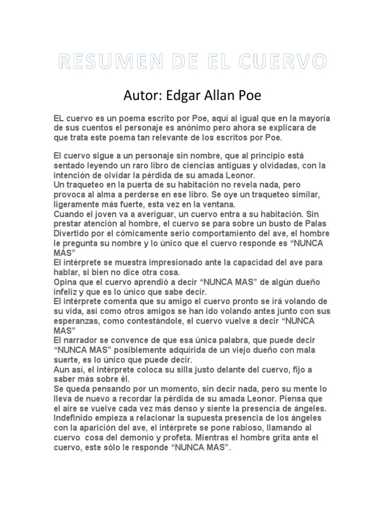 Resumen de El Cuervo | PDF | El Cuervo | Edgar Allan Poe