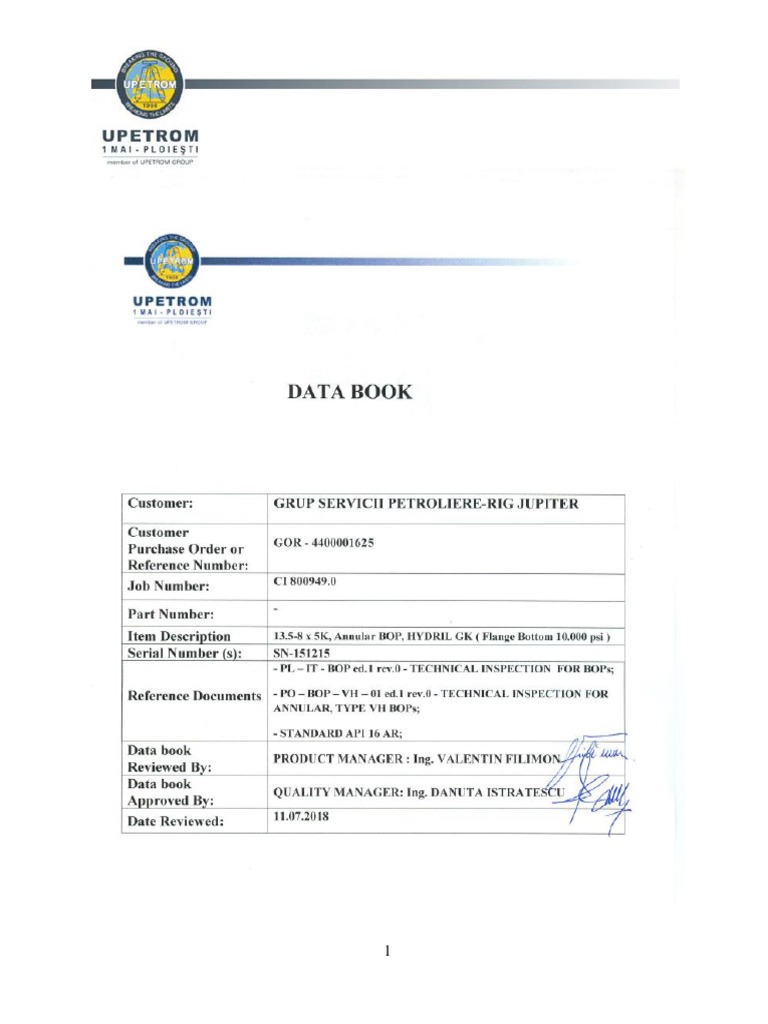 Documentation of Repair and Certification of an Annular BOP Including Scope of Work, Inspection ...