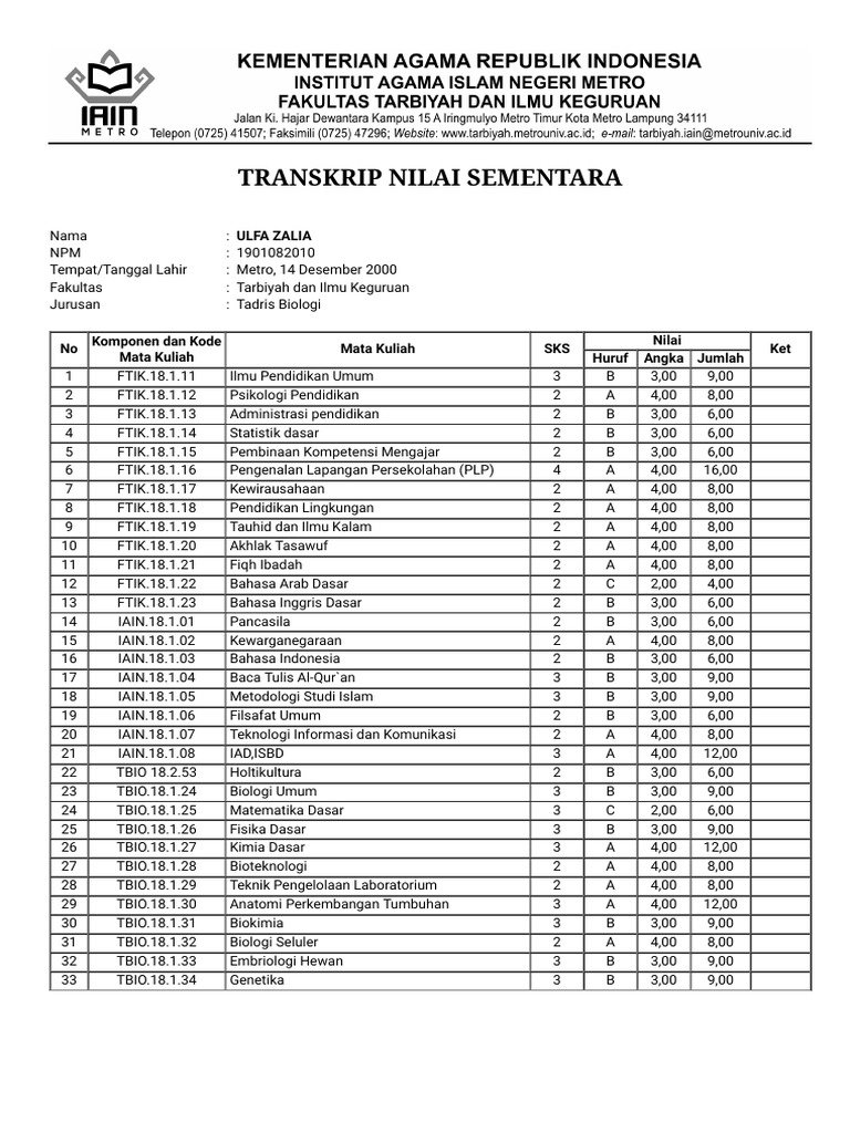 Cetak Transkrip Nilai Sementara | PDF