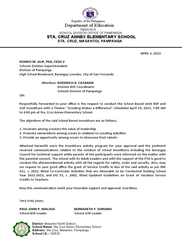 Request Letter To SDS | PDF | Scouting | Youth Movements