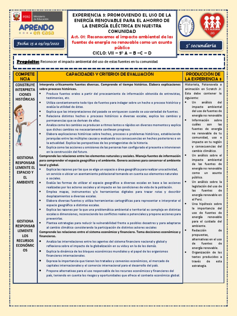 Experiencia de Aprendizaje 3 CCSS 5° Semana 1, 2, 3, 4, 5 | PDF | Energía renovable | Entorno ...