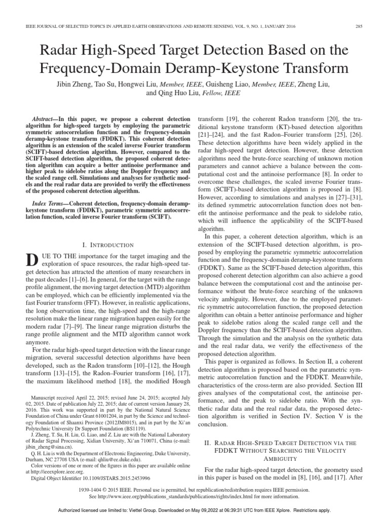 Radar High Speed Target Detection Based On The Frequency Domain Deramp Keystone Transform Pdf 