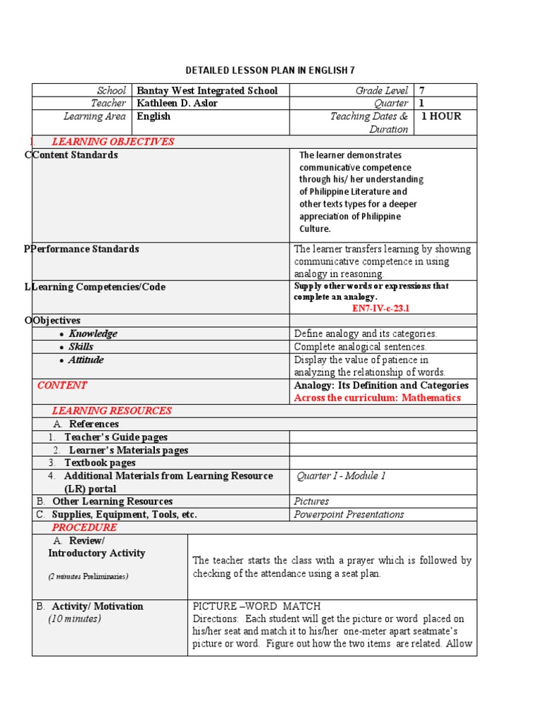 DETAILED LESSON PLAN IN ENGLISH 7.docx Grade 7 | Download Free PDF ...