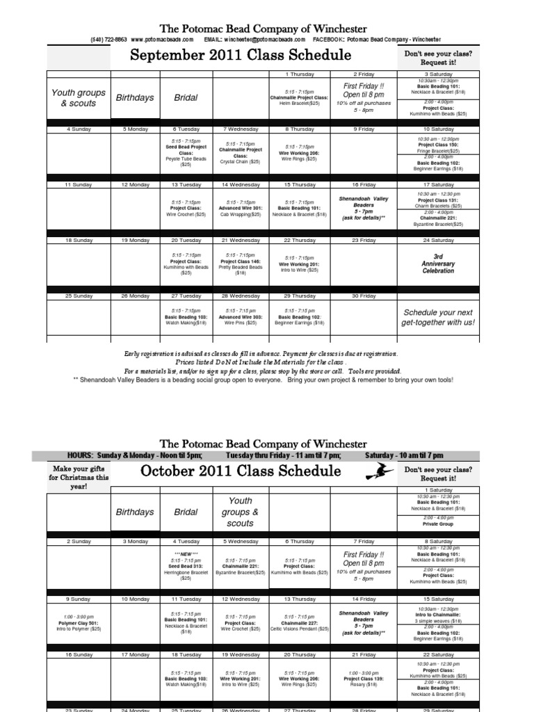Sept - Oct2011 Class Schedule | PDF | Bead | Ornaments