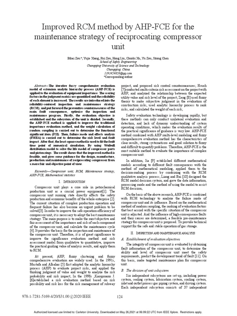 Improved Rcm Method By Ahp Fce For The Maintenance Strategy Of Reciprocating Compressor Unit