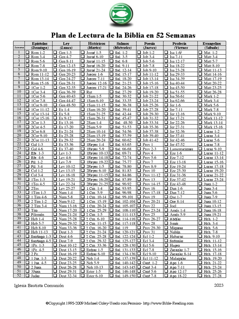 Plan de Lectura de La Biblia en 52 Semanas: Domingo) Lunes) Martes ...