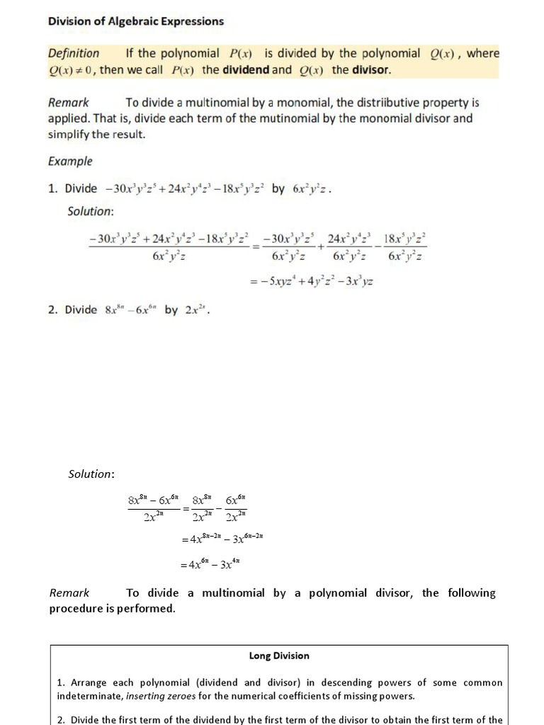 4 Division of Algebraic Expressions | PDF | Division (Mathematics) | Polynomial