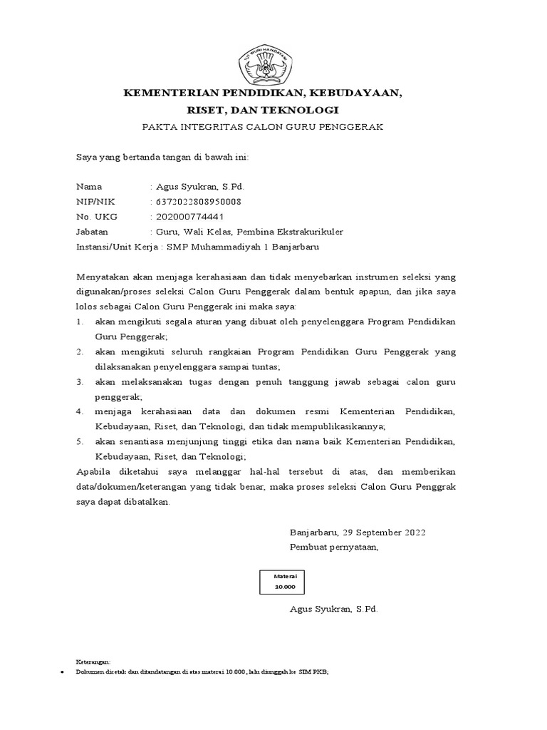 Pakta Integritas Calon Guru Penggerak | PDF
